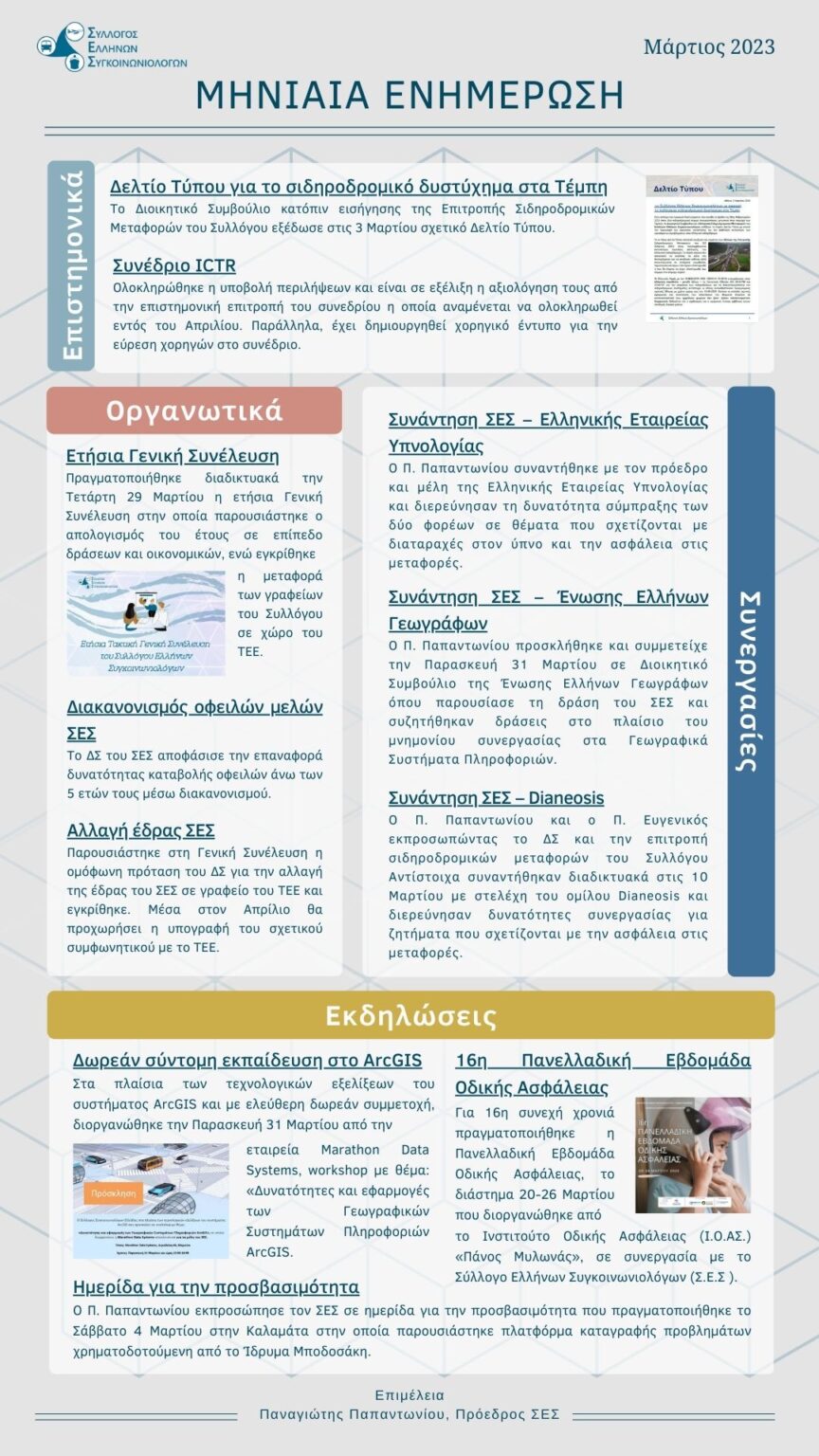 Σύλλογος Ελλήνων Συγκοινωνιολόγων – Μηνιαία Ενημέρωση ΔΣ – Μαρτίου 2023